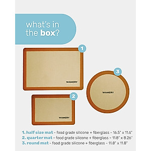 Silicone Baking Mats Set of 3, 1 Half Sheet, 1 Quarter Sheet & 1 Round Nonstick Silicone Mats for Baking - Food Grade Silicone Baking Sheets for Cookies Macarons Bread Pastry Pizza