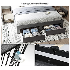 VOWNER Queen Bed Frame with Storage Headboard & 4 Drawers, LED Upholstered Bed Frame with Charging Station, Wood Slats Support No Box Spring Needed, Dark Grey