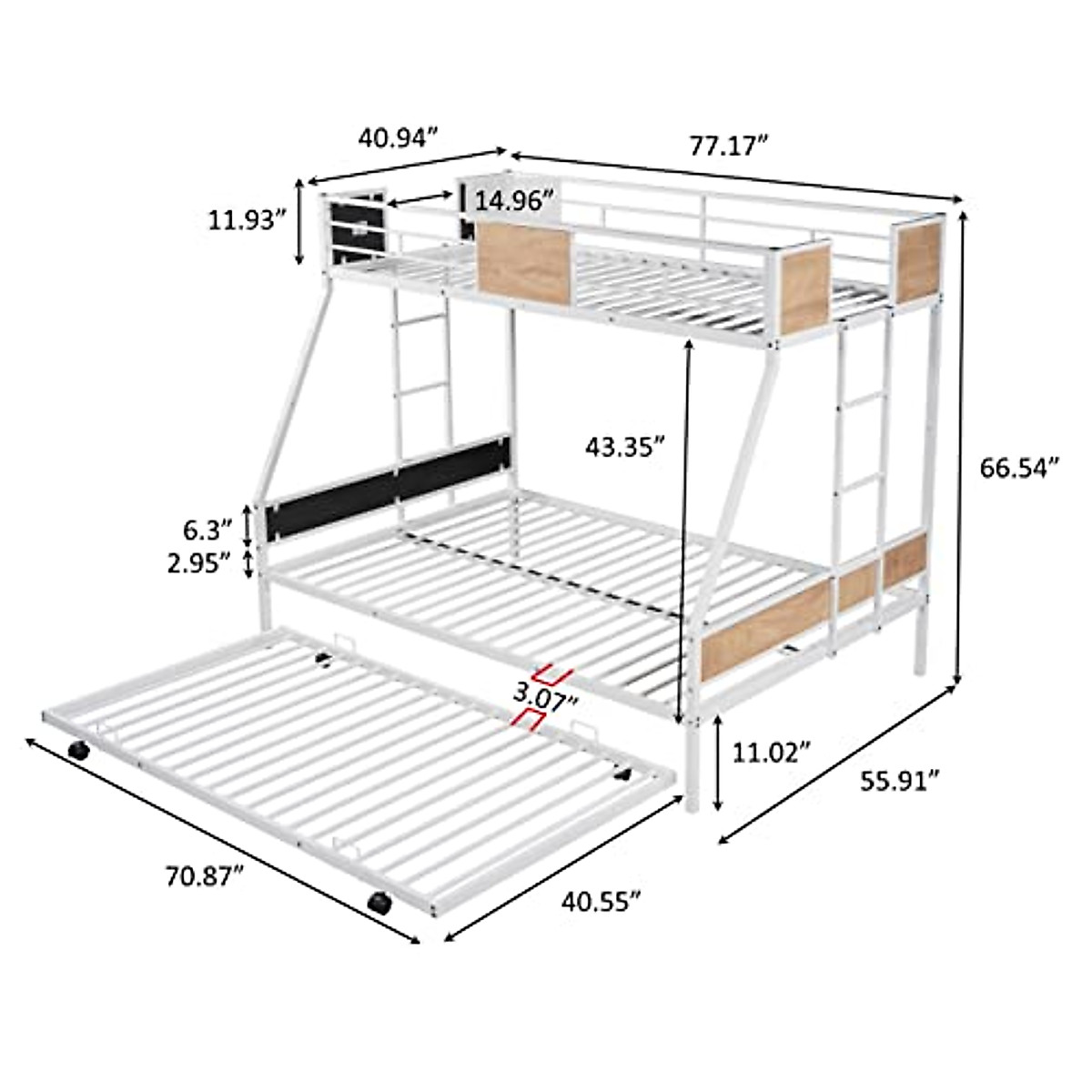 Twin Over Full Bunk Bed Frame with Trundle, Metal Bunkbed with Sturdy Guard Rail and Ladder for Girls/Boys/ Adults, No Box Spring Needed, Noise Free for Dorm, Bedroom, Guest Room (White)