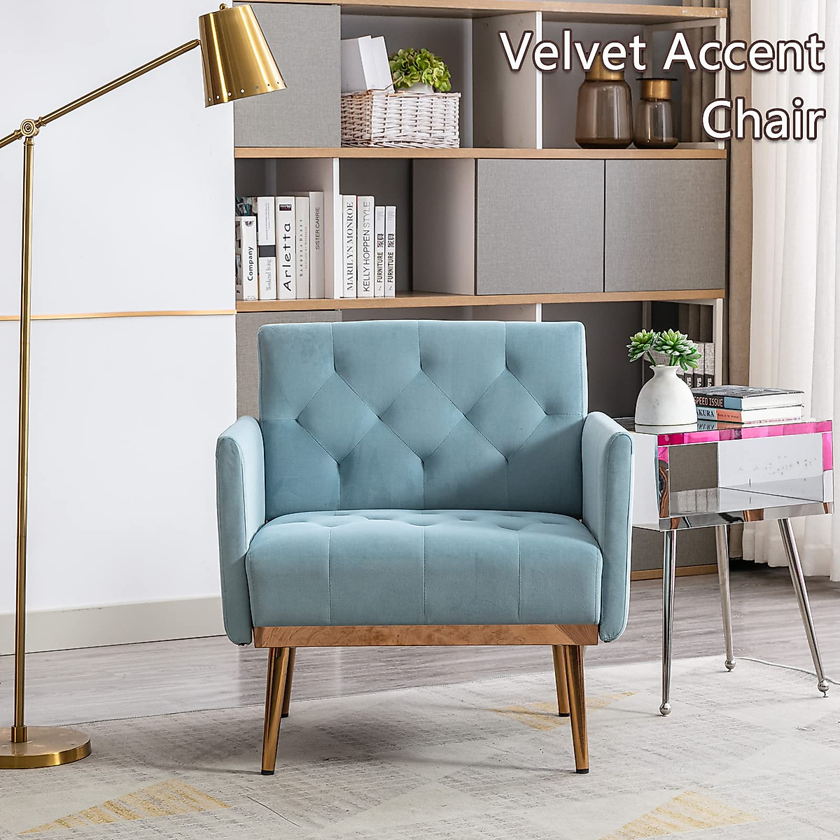 Olela Accent Chair with Arms for Living Room, Modern Tufted Single Sofa Armchair with Gold Metal Legs Upholstered Reading Chair for Bedroom Office Decorative (Velvet-Smooth Backrest, Blue)