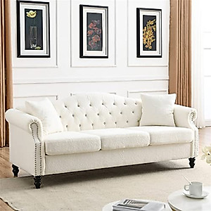 JFGJL 79" Sofa White for Living Room, 3 Seater Sofa Tufted Couch with Rolled Arms and Nailhead Two Pillows