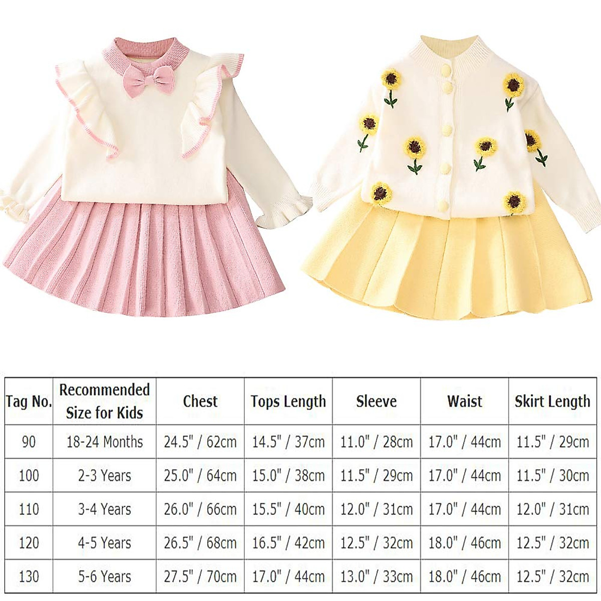 Toddler Baby Girls Outfit Knitted Buttons Sweater Tops Mini Skirt Bowknot Ruffle Long Sleeve Autumn Winter Clothes Set for Kids Christmas Outfits Princess Dress up Knit Crochet Pink 2-3T