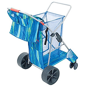 Rio Gear Beach 17" Extended Height 4-Position Folding Beach Chair -Polyester, Graphic Traffic Blue/White/Multi Stripe & Deluxe Wonder Wheeler Wide, Blue Print