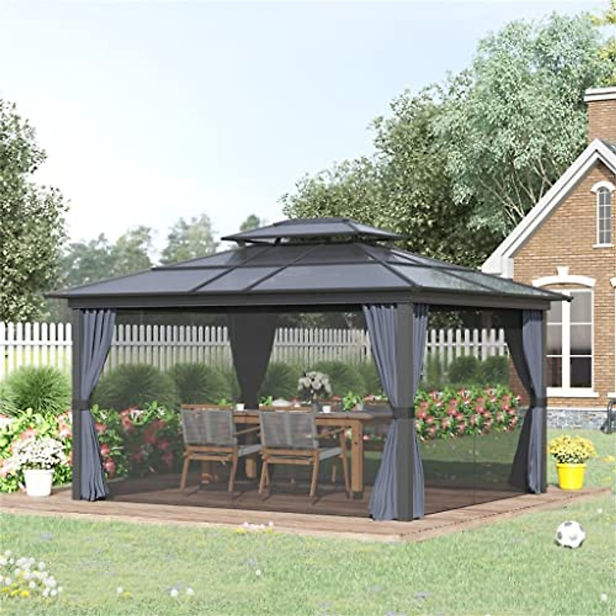 LUKEO 10x12 Hardtop Gazebo Aluminum Frame Gazebo, Polycarbonates Gazebo Canopy with Curtains for Patio Lawn and Garden