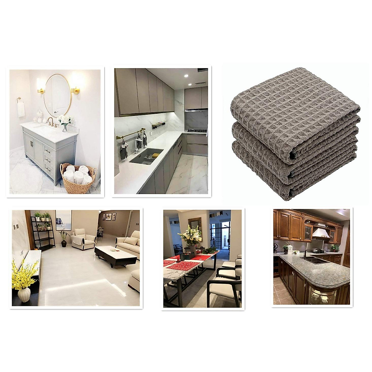 VeraSong Waffle Weave Kitchen Towels Thick Microfiber Dish Drying Towels Absorbent Tea Towels Hand Towel Lint Free 16Inch x 24Inch 3 Pack Gray