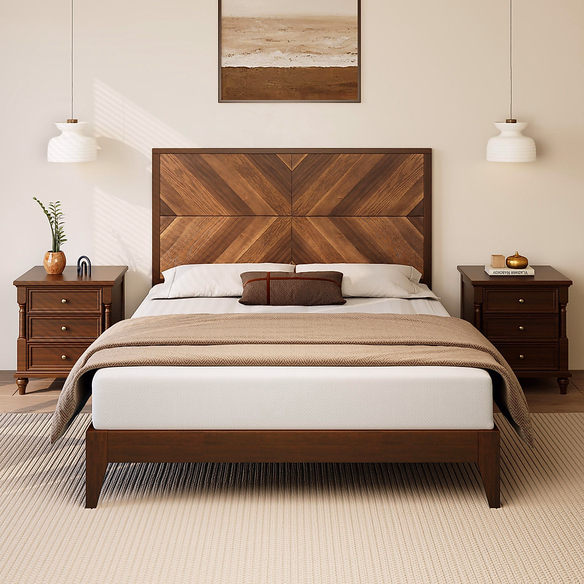 Dolonm Queen Bed Frame, Mid-Century Modern Platform Bed with 50" High Headboard, Under Bed Storage, Wooden Bed Frame with Slat Support, No Box Spring Needed, Walnut