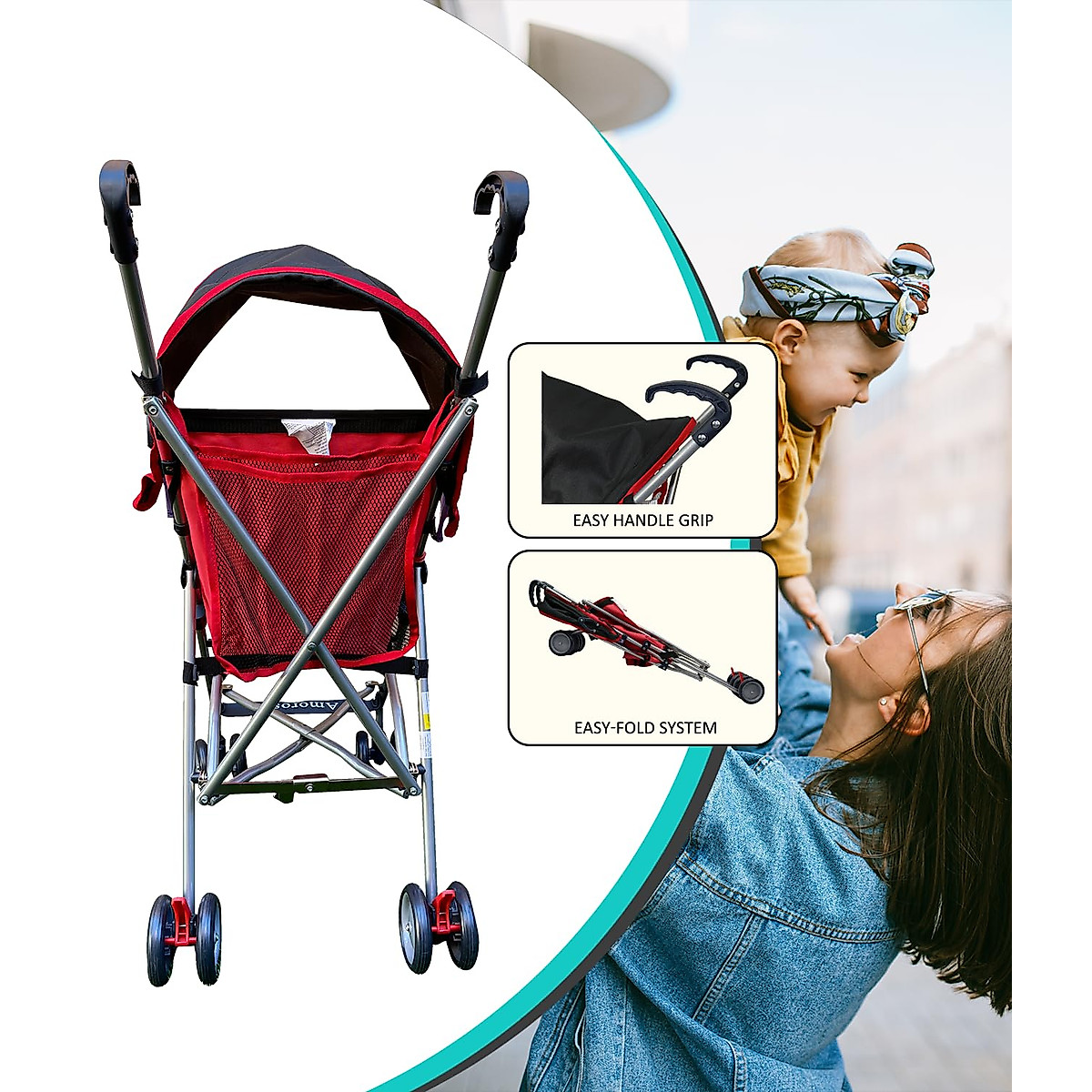 AmorosO Single Umbrella Stroller for Toddler, Travel Stroller for Babies - Sunlight and Light Rain Protection - Baby Stroller with Four EVA Wheels - Travel-Ready Stroller - Round Canopy (Red/Black)