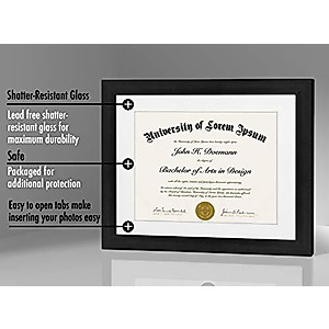 Americanflat 11x14 Black Diploma Frame | Certificate Frame Displays 8.5x11 Diplomas with Mat or 11x14 Inch Without Mat. Shatter-Resistant Glass. Hanging Hardware Included