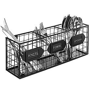 MyGift Utensil Organizer Wall Mounted Black Metal Kitchen Silverware Flatware Caddy Holder, Countertop Storage Basket with 3 Compartments and Chalkboard Labels