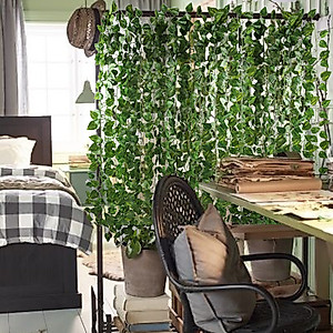 GTIDEA Fake Vines, 12 Pack 84 Feet Artificial Hanging Plants Silk Green Leaf Garlands Home Office Garden Outdoor Wall Greenery Cover Jungle Party Decoration