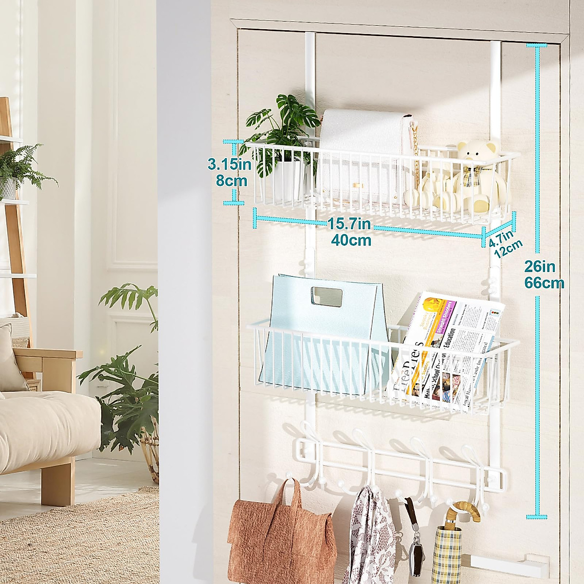 Over The Door Hooks Organizer,Door Hanger Door Storage with 2 Baskets,Over The Door Towel Rack Coat Hooks with 12 Hooks,for Bathroom,Bedroom,Kitchen,Office,Apartment(White)