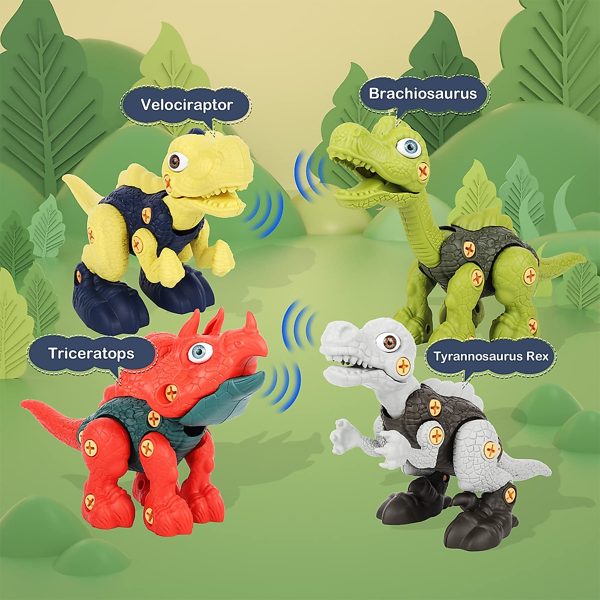 Rabing Dinosaur Toys for Boys 3 4 5 Years Old, Take Apart Dinosaur Building Toys with Electric Drill 4 Packs, Dinosaur Toys Set Educational STEM Gift Toy for Kids Boys Girls 3+ Years Old