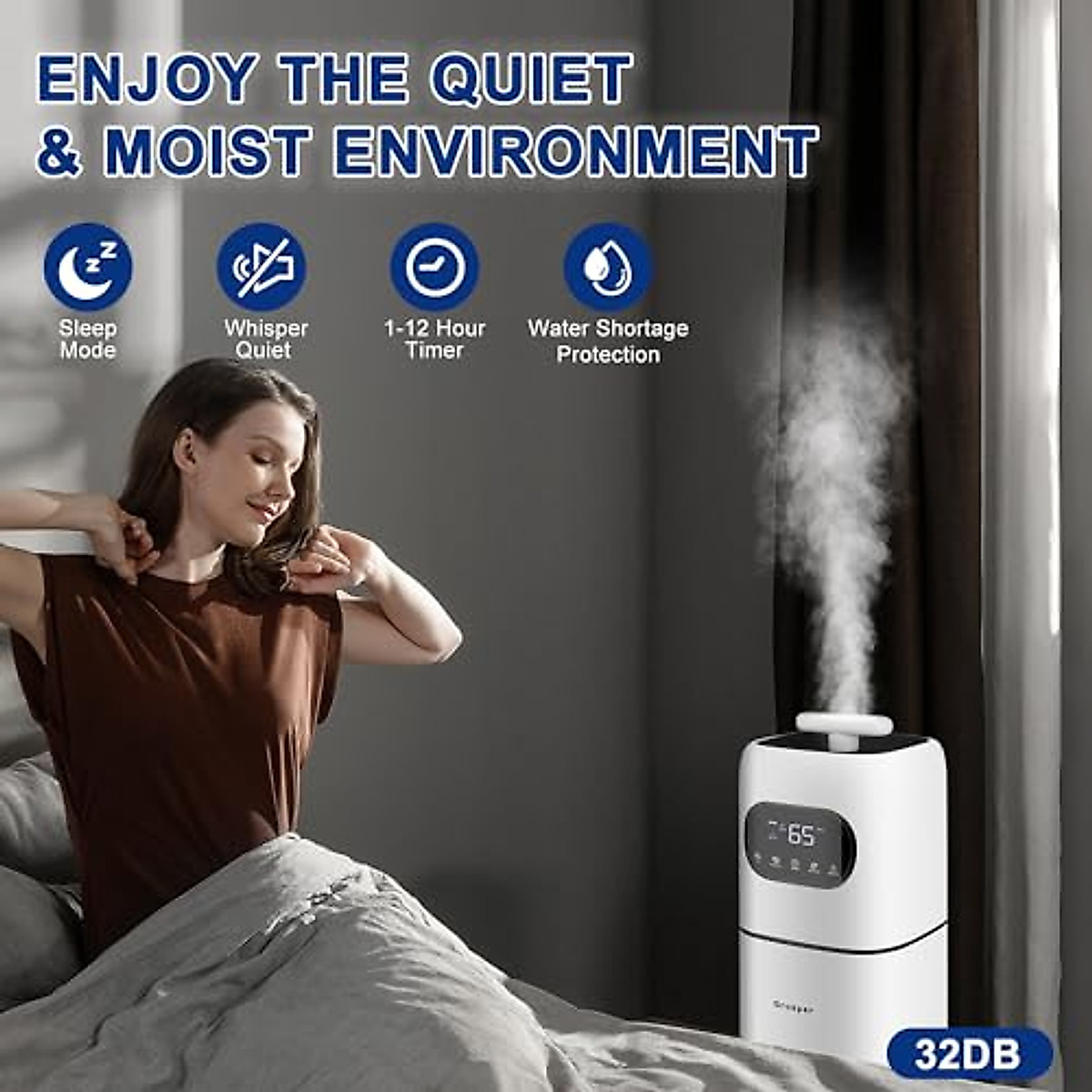 Humidifier Large Room,Humidifiers for Home,Humidifiers for Bedroom,Top Fill 9L 32DB Quiet Ultrasonic Cool Mist Humidifier for Baby Nursery Office Plants