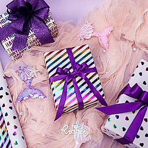 Ribbli Birthday Wrapping Paper Iridescent Gift Wrap Mini Roll, 3 Rolls Happy Birthday Heart Stripes Printed for Girls Kids - 17 inch x 120 inch(10feet) Per Roll