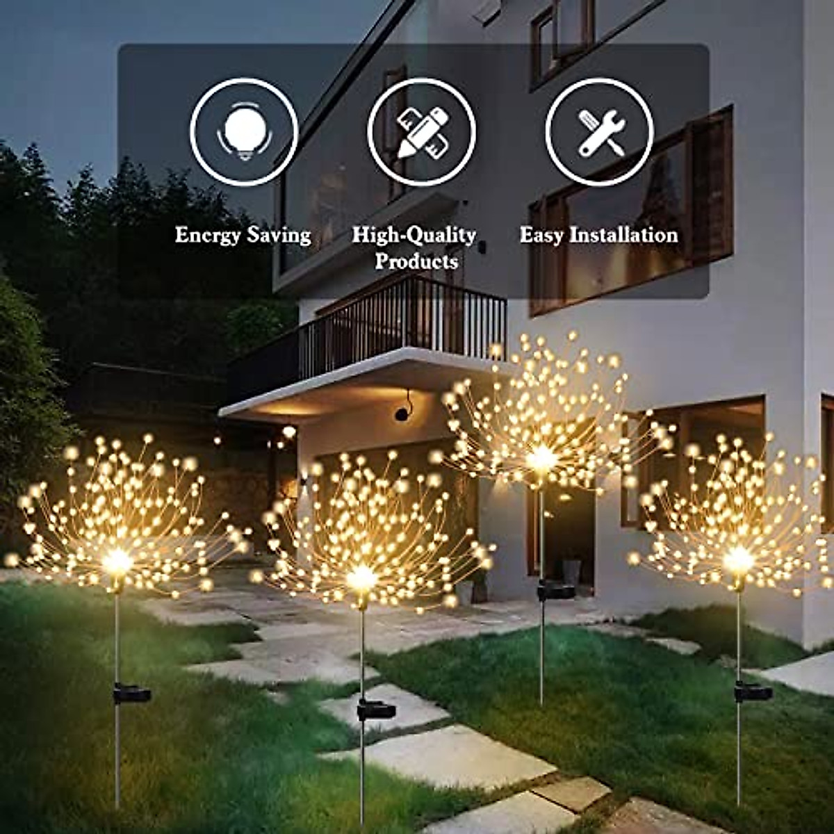 Havelock Outdoor Solar Garden Lights 2 Pack, 120 LED Solar Firework Light 8 Lighting Modes Decorative Stake Landscape Light Waterproof Copper Wire Light for Garden Pathway Party Decor(Warm White)