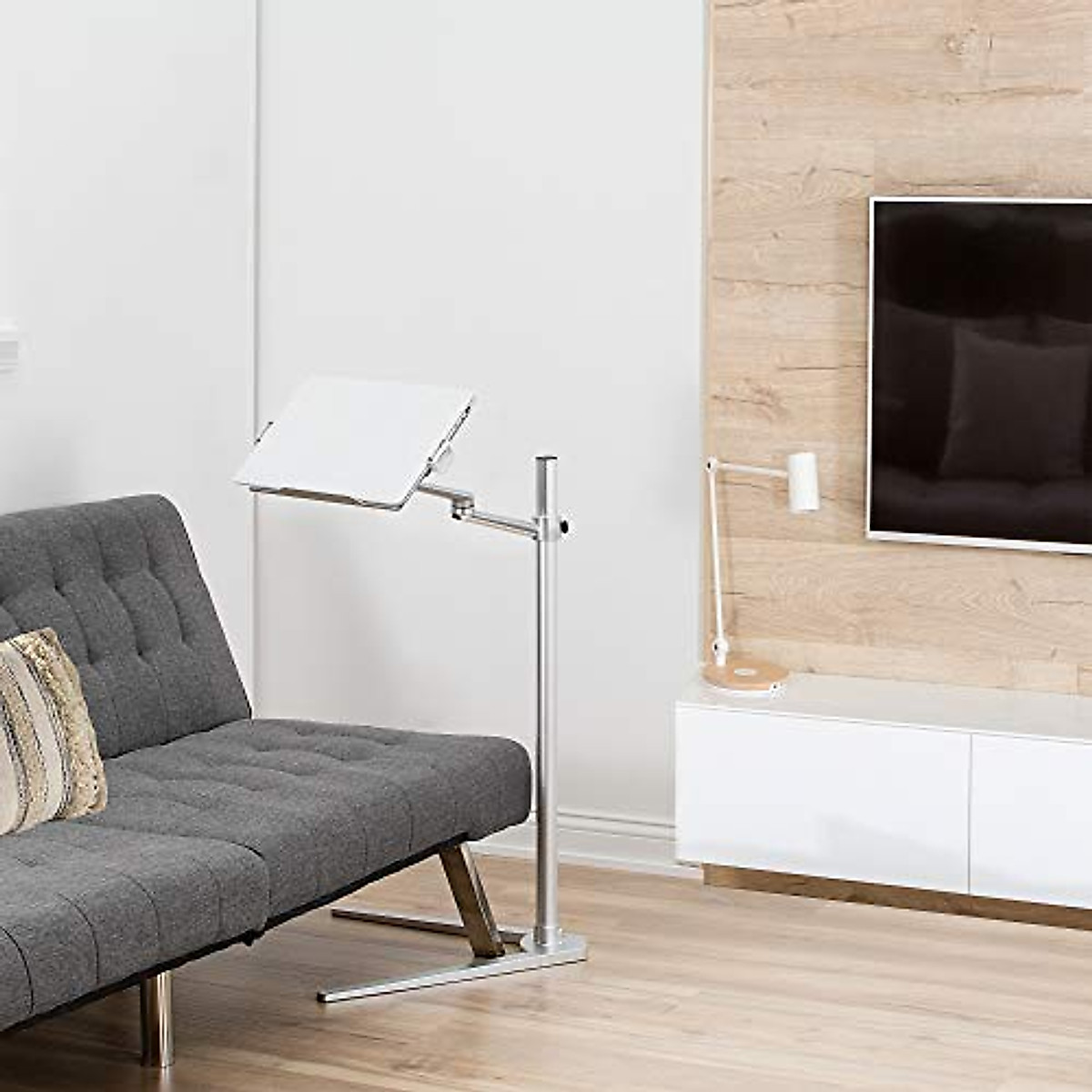 VIVO Aluminum Laptop Floor Stand for 4 to 14 inch Mobile Phones & Tablets, 12 to 17 inch Laptops, Height Adjustable 360 Degree Rotating Arm with Ventilated Tray, Silver STAND-LAP1F