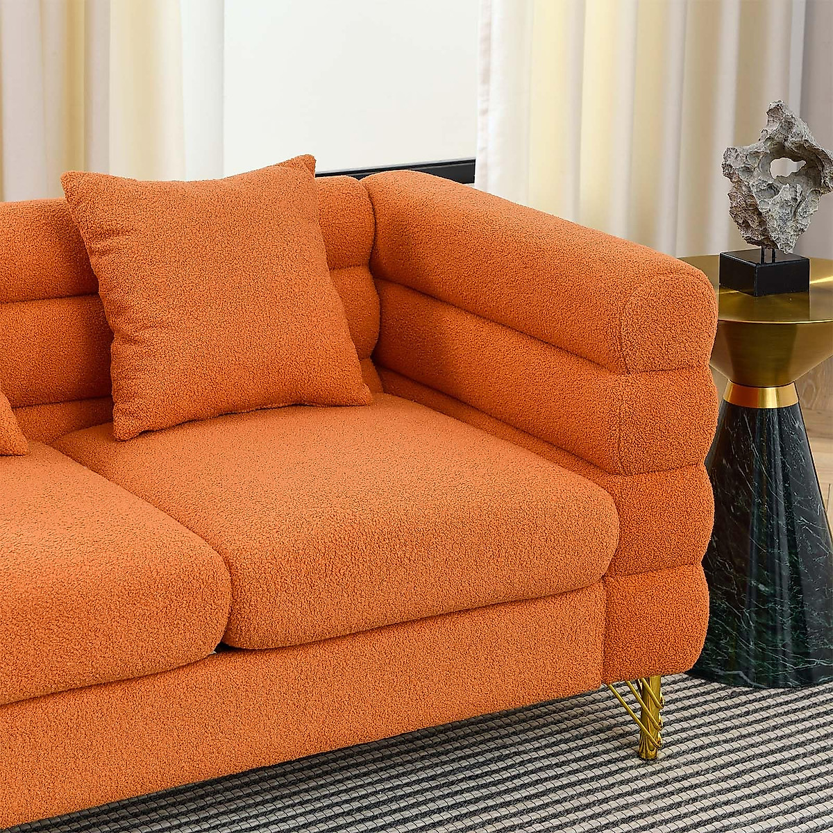 Antetek L-Shaped Sectional Couches, Modern Teddy Fabric Upholstered Chaise Lounge Sofa Couch with Square Arm and 4 Golden Metal Legs for Living Room, Office, Orange