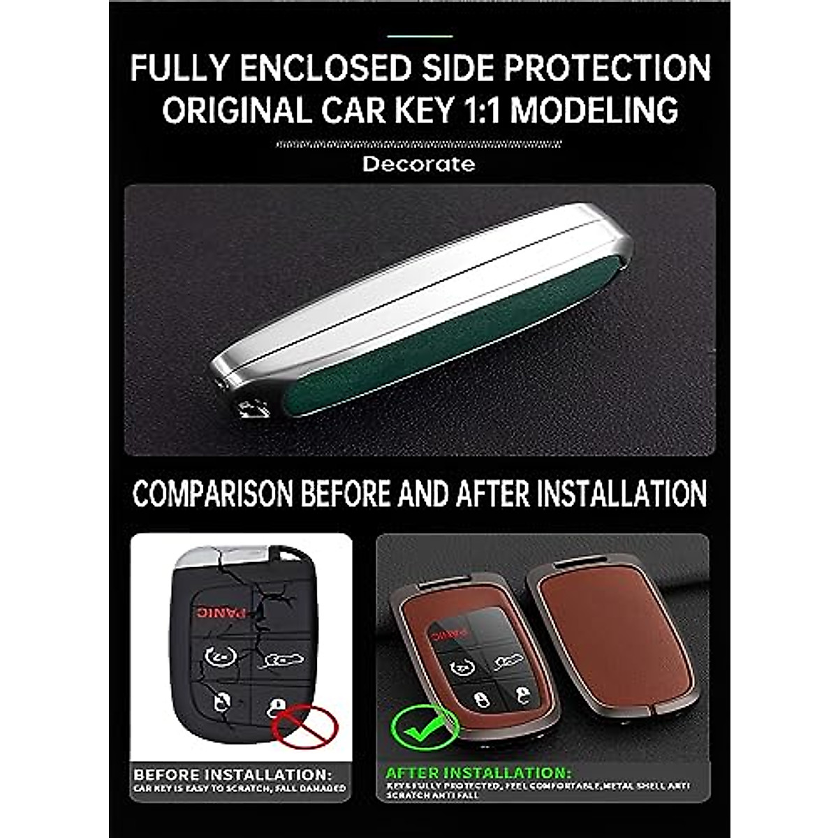 for Dodge Jeep Key Fob Cover Case Metal Shell Car Smart Keys Protect Keychain Compatible Grand Challenger Cherokee Chrysler (P-JEEAqh-Black)