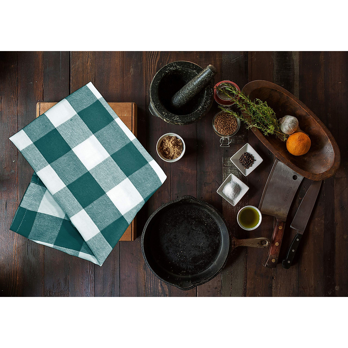 Native Fab 6-Pack Kitchen Towel with Hanging Loop 16x26 inches, Cotton Buffalo Check Kitchen Towels for Cleaning Drying, Washcloths Soft & Absorbent Cloth Rags, Bar Towel, Dish Cloth, Teal Green