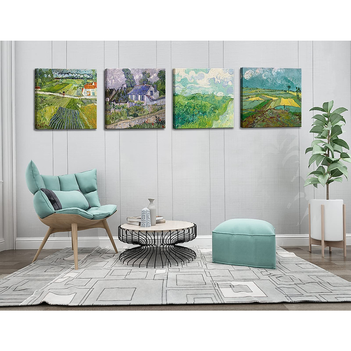 Landscape with a Carriage by Vincent Van Gogh Classic Oil Paintings Artwork, Green Wheat Fields, Houses at Auvers Canvas Wall Art Print for Living Room, Bedroom Office Bathroom Decor - 12"x12"