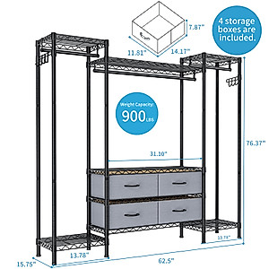 Large Garment Rack Heavy Duty Clothes Rack,Freestanding Closet Portable Clothing Rack with 8 Adjustable Wire Shelves,3 Hang Rods,4 Fabric Drawers,2 Hooks,Metal Closet Storage Wardrobe,MaxLoad 900lbs