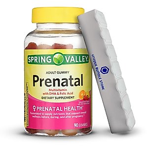 Spring Valley, Prenatal Vitamins Gummies, 90 Count with DHA and Folic Acid, Prenatal Multivitamin Gummies + 7 Day Pill Organizer Inlcuded (Pack of 1)