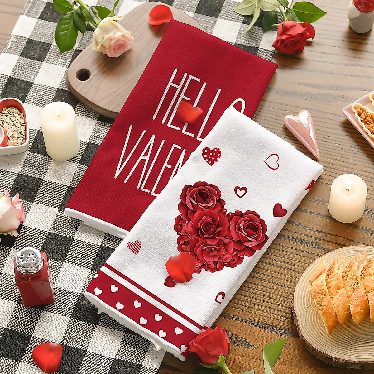 Artoid Mode Roses Hearts Hello Valentine's Day Kitchen Towels Dish Towels, 18x26 Inch Anniversary Decoration Hand Towels Set of 2