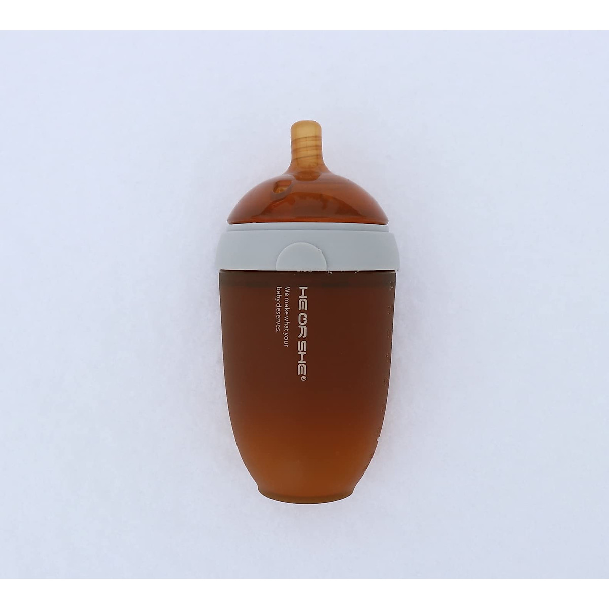 8oz Grey - HE OR SHE -Silicone, Anti-Colic Ultra Wide Neck Baby Bottle-Squishy, mimics Natural Feeding, w/Fast Flow Nipple- Recommended for Babies 6-12 Months