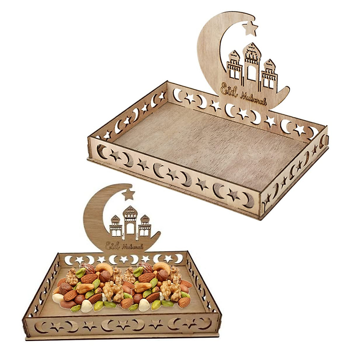 Ramadan Mubarak Fruit Racks,Eid Tray Ramadan Serving Tray Wooden Star Moon Dessert Pastry Tray Eid Tableware for Food Holder 2PCS Islamic Gifts