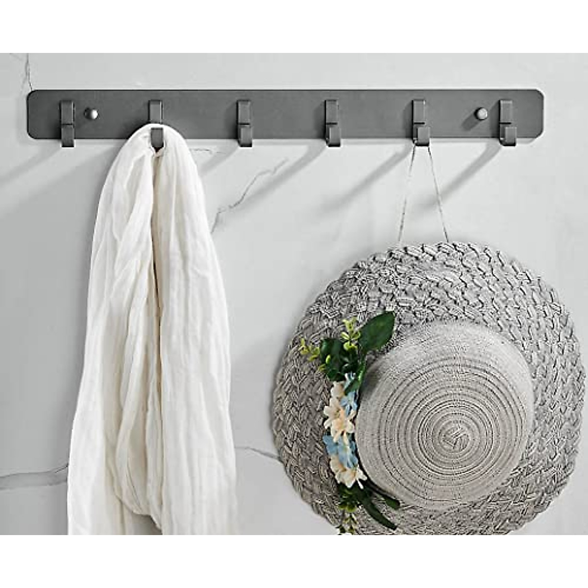 Durable Space Aluminum Metal Perforated and Adhesive Wall Mounted Coat Rack, 21 Inch, 6 Hooks, Heavy Duty Metal Coat Hook Rack Rail Hanger for Entryway, Kitchen, Gym, Wardrobe, Bedroom, Bathroom