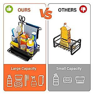 Truoctdu Sponge Holder for Kitchen Sink, Multifunctional Sink Caddy Sponge Dish Brush Scissor Bottles Dishcloth Storage,No Drilling Sponge Holder Kitchen Organizer with Removable Drain Pan-Black