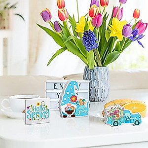 3 Pieces Hello Spring Tiered Tray Decor Easter Tiered Tray Decorations Rustic Spring Wooden Sign Farmhouse Mini Flower Bloom Table Signs for Spring Parties Holidays Table Home Room Decorations