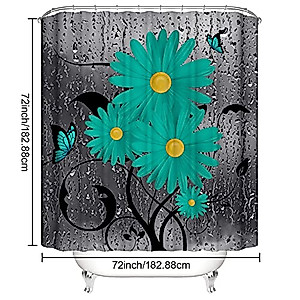 4Pcs Green Daisy Shower Curtain Sets with Non-Slip Rugs, Toilet Lid Cover and Bath Mat, Floral Butterfly Bathroom Decor Set Accessories Waterproof Shower Curtains with 12 Hooks, 72 x 72 Inch