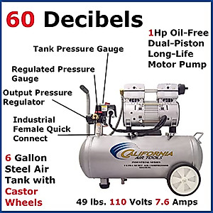 California Air Tools 6010LFC 1.0 HP Ultra Quiet and Oil-Free Industrial Air Compressor, 6.0-Gallon