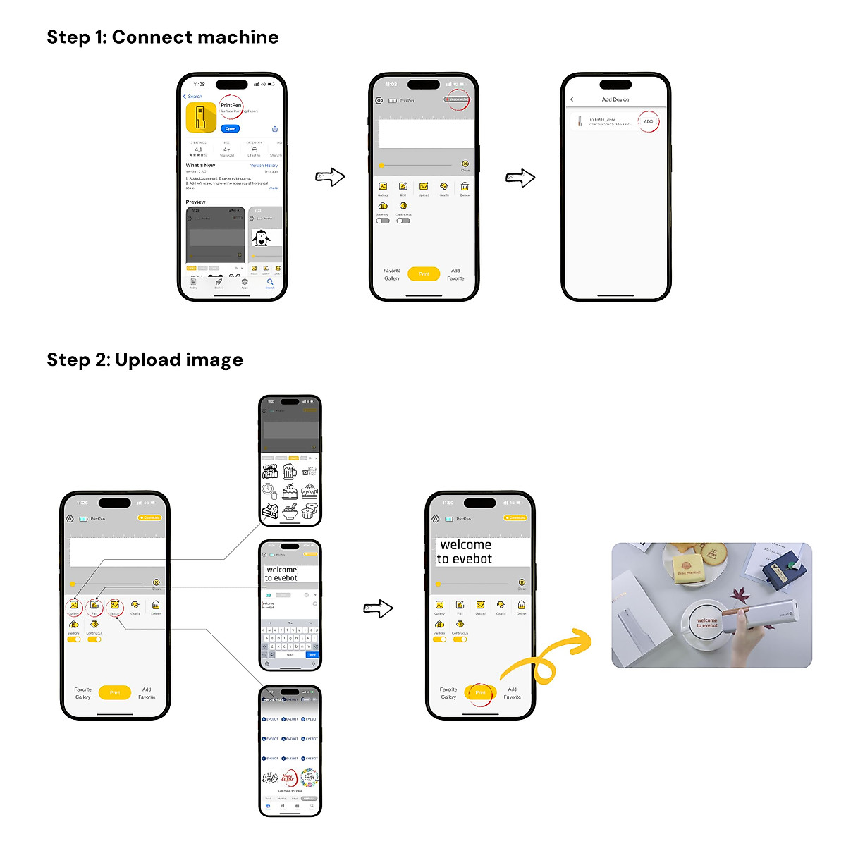 EVEBOT Handheld Food PrintPen Portable Mini Coffee PrintPen Latte Art Macaron Cookie DIY Design PrintPen, Christmas Gifts Bluetooth 4.2 - Brown, Red and Black 3PCS Colors