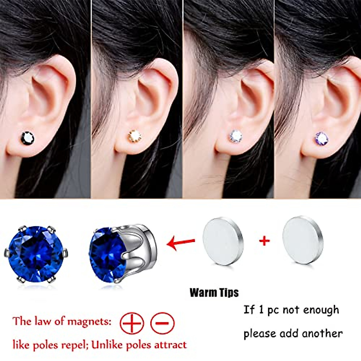 Spiritlele 12 Pairs Colors Cubic Zirconia Magnetic Earrings Clip on Non Piercing Earrings Set Unisex (Six Prong Cytal)