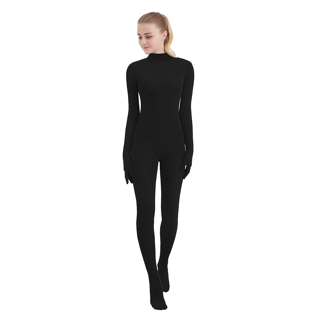SUPRNOWA Women's Jumpsuit Bodycon Full Body Unitard Long Sleeve Bodysuit with Zipper Comfortable Spandex One-Piece Dance Costume (Medium, Black)