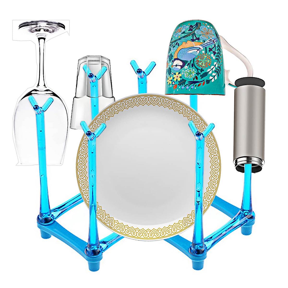 PCTC Retractable Cup Drying Rack, Drinking Glass and Sports Bottle Drainer Stand, Plastic Bag Dryer and Mug Tree with Non-Slip Bottom for Kitchen Countertop (Blue)