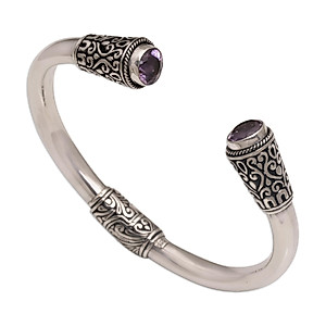 NOVICA Artisan Handmade Amethyst Cuff Bracelet Sterling Silver from Bali Purple Indonesia Birthstone [6 in L (end to End) x 0.4 in W] ' Daylight Altar'