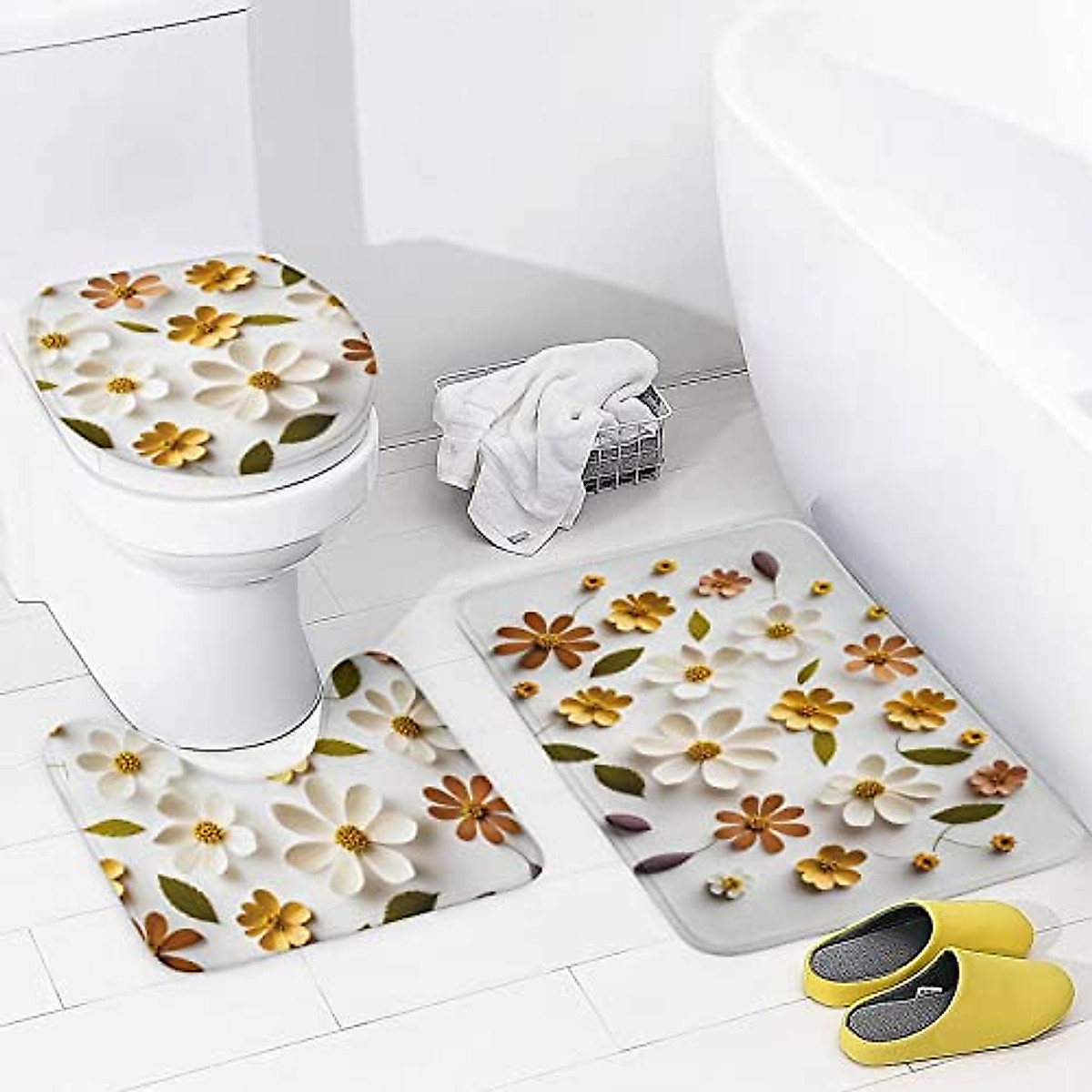 YSINOBEAR Spring Color Floral Shower Curtain Sets with Non-Slip Rug,Toilet Lid Cover and Bath Mat,Yellow and White Flowers Shower Curtain Sets with 12 Hooks,Durable Waterproof Shower Curtain.
