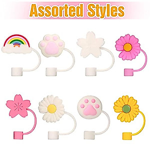 8 Pieces Silicone Straw Tips Cover Reusable Drinking Straw Lids Sunflower Cherry Blossom Rainbow Cat Paw Straw Cap Cover for 6-8 mm Straws Anti-dust Straw Tips Plugs