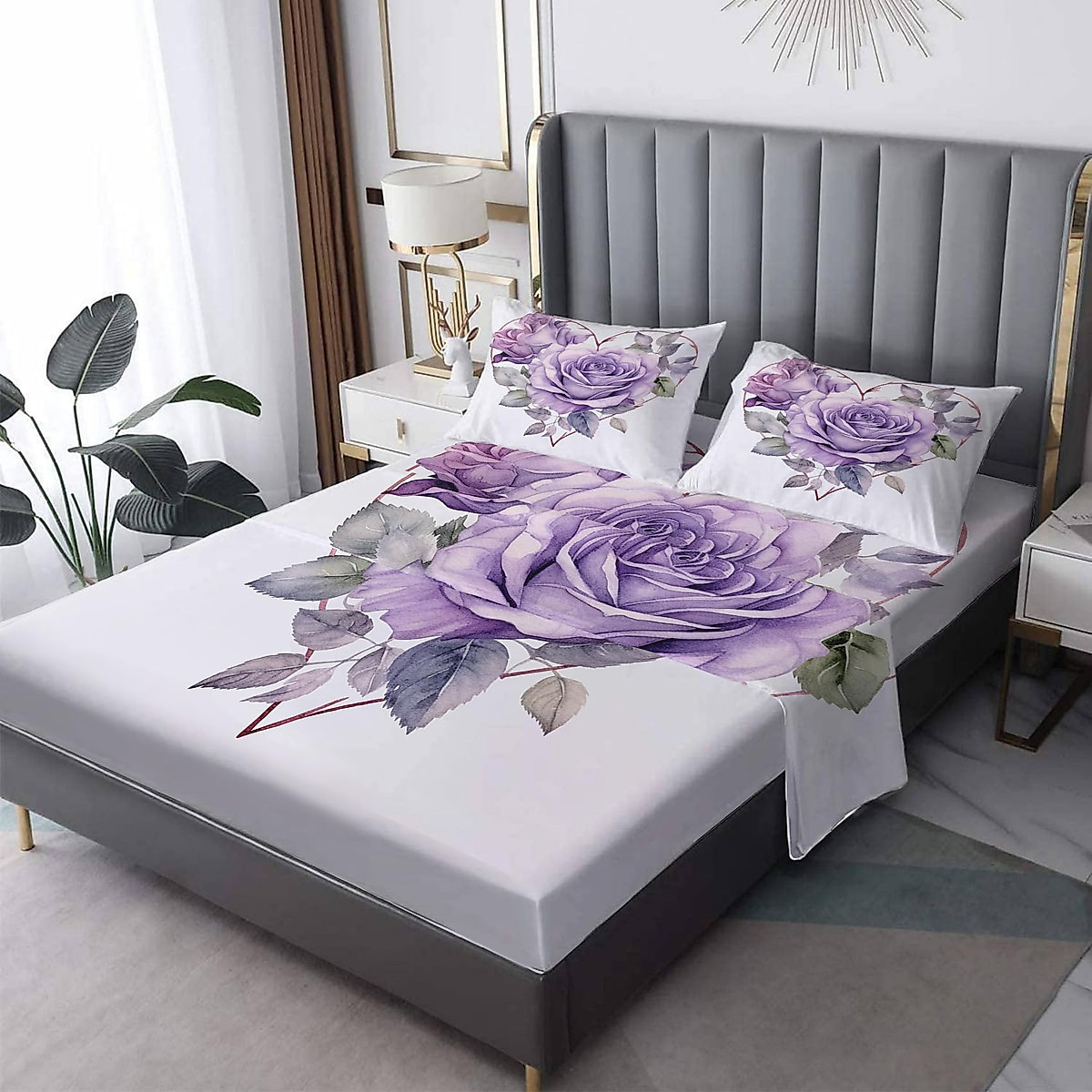 zcsm Purple Rose Sheets Full Size Sheet Sets - Floral Bed Sheets, Soft Microfiber & Deep Pocket & Wrinkle Free Patterned Bedding Sheets & Pillowcases, 1 Fitted Sheet, 1 Flat Sheet, 2 Pillow Cases