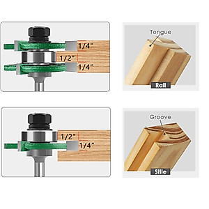 TOTOWOOD Pro Tongue and Groove Router Bit Set of 2 Pieces 1/4 Inch Shank Router Bit Set 3 Teeth Adjustable T Shape Wood Milling Cutter (Tongue and Groove Router Bit 1/4 Shank)