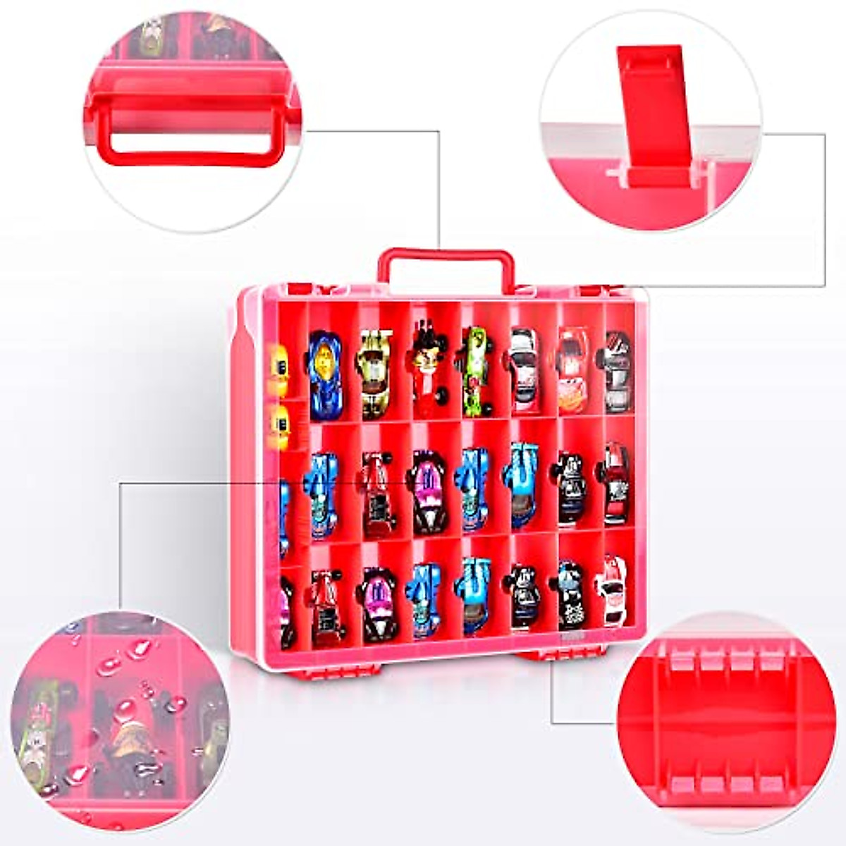 FULLCASE Toys Organizer Storage Compatible with Hot Wheels Car, Container for Matchbox Cars, Mini Toys, Small Dolls, Double Sided Carrying Box for Hotwheels Car- 48 Compartments(Box Only) Red