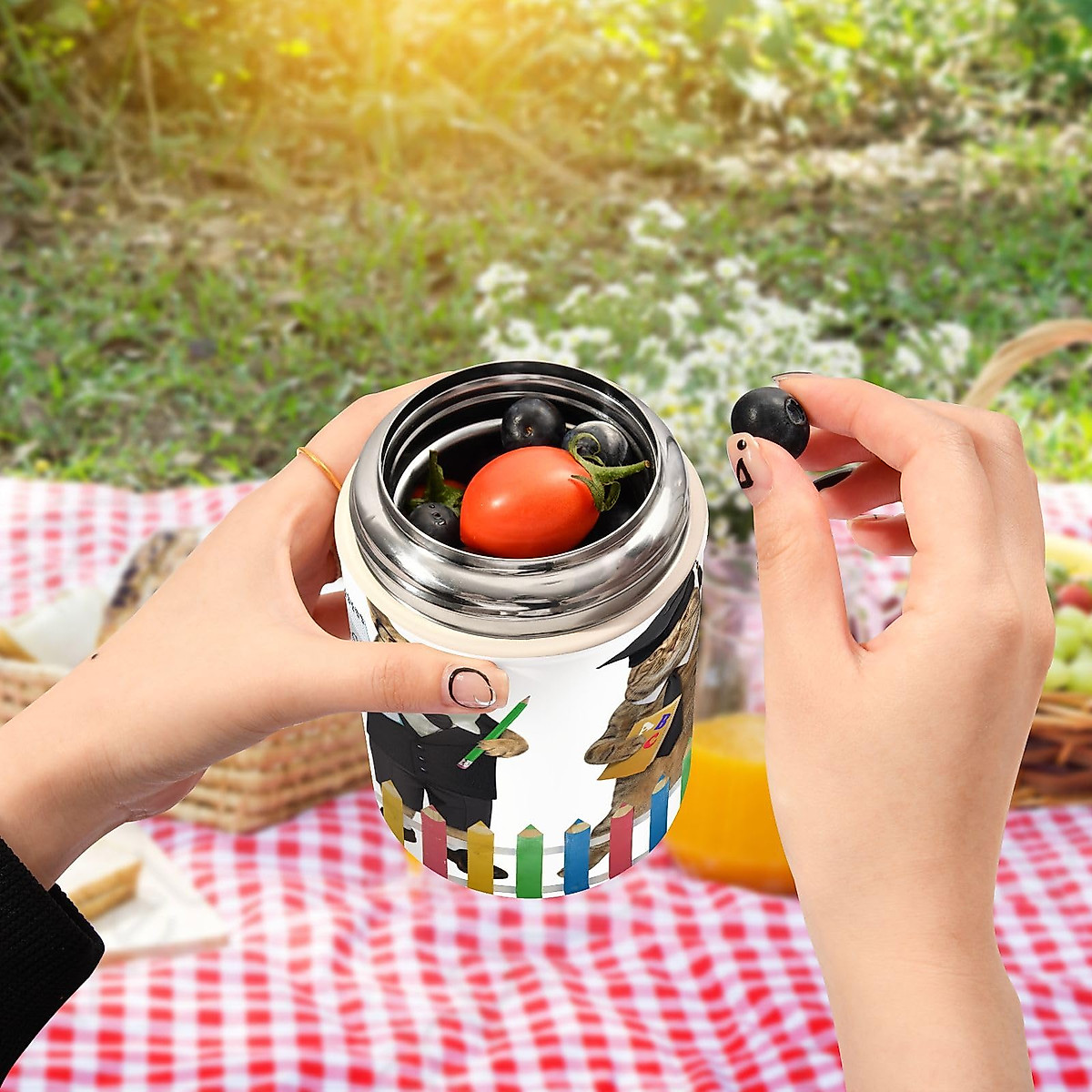 CUPADA Beige Pets Funny Food Jar, Back To Insulated Hot Food Jars Vacuum 17OZ with Folding Spoon for Work Trip Picnic Camping