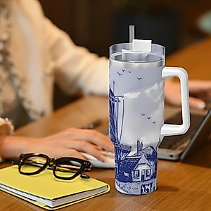 Xiexide 40oz Stainless Steel Gifts Vintage Blue Nederland Dutch Windmill Country Double Walled Vacuum Insulatedith Handle And Straw,Hot & Cold Drinks