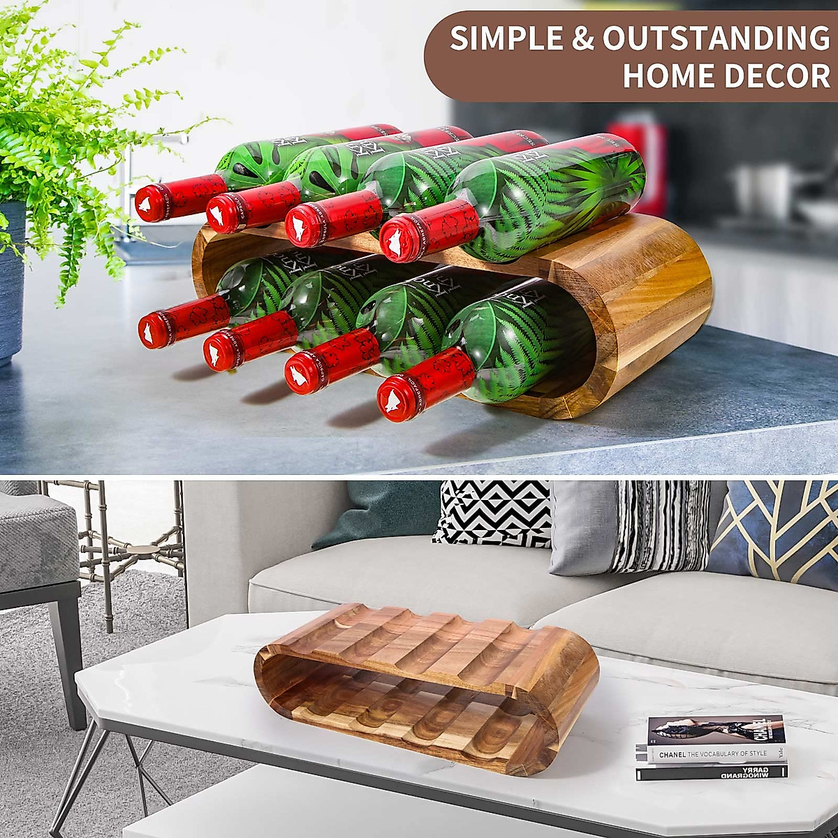 MALLYU Wooden Countertop Wine Racks (8-Bottles 2-Tiers) with A Wood Cell Phone Stand Holder, Small Wine Bottle Rack Shelf Organizer Storage for Home Decor and Wine Gifts, Bar, Cabinet, Pantry