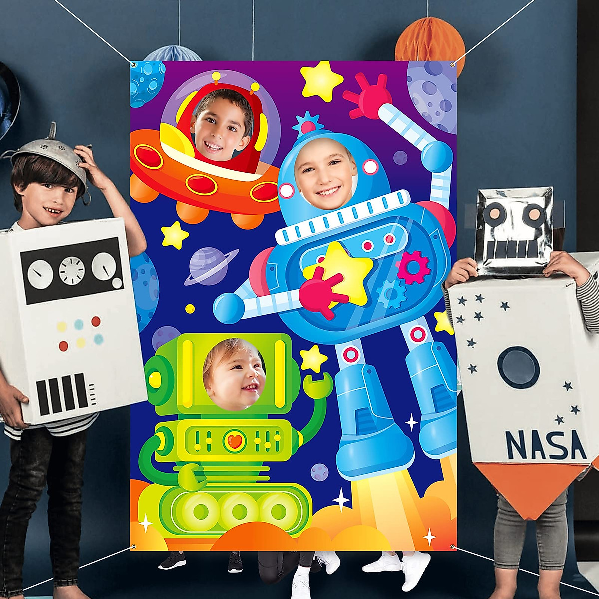 DPKOW Kids Robot Party Prop - Funny Robot Face Photo Banner for Boys' Space-Themed Birthday Party Decorations