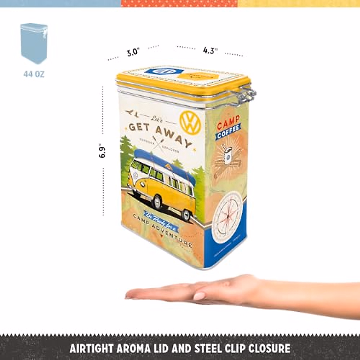 Nostalgic-Art Retro coffee tin box, 44 oz, VW Bulli – Let's Get Away – VW Bus Gift idea, metal clip top can, vintage design