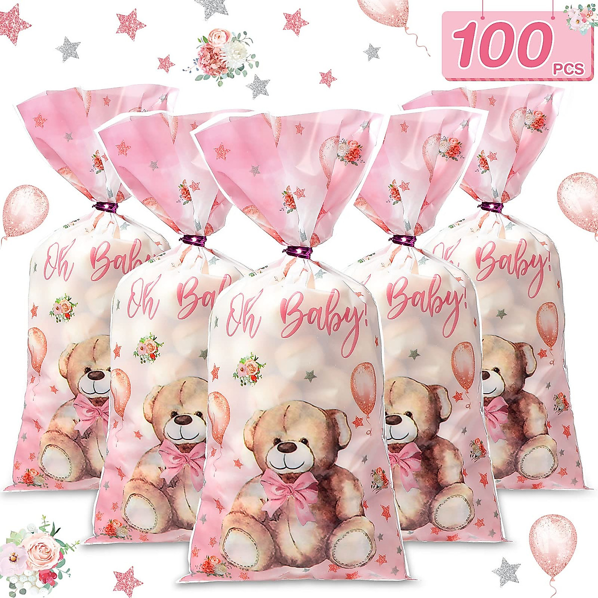 Pajean 100 Pack Bear Baby Shower Treat Bags Bear Cellophane Candy Bag Bulk Plastic Goodie Gift Bags with Metallic Twist Ties for Gender Reveal Birthday Party Favors (Pink)